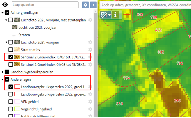 Satellietbeelden percelen met indicatie van groei beschikbaar